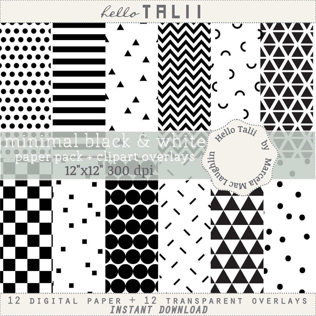 MINIMAL Black and White Digital Paper + Clipart Overlays- Minimalist ...