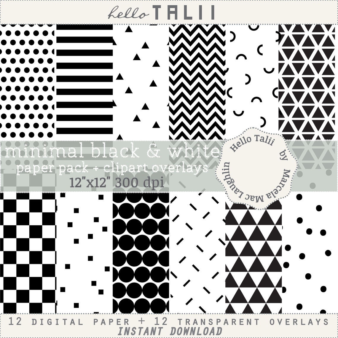 MINIMAL Black and White Digital Paper + Clipart Overlays- Minimalist ...