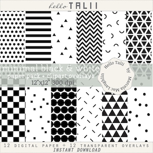 MINIMAL Black and White Digital Paper + Clipart Overlays- Minimalist ...