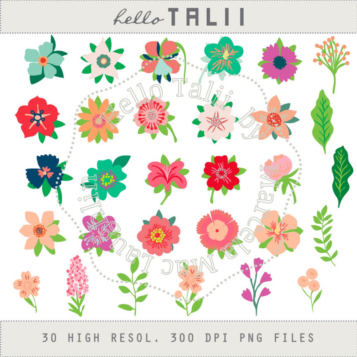 FLOWER Clipart- Spring Flowers+ Leaves Handdrawn Clip Art Pink Coral ...
