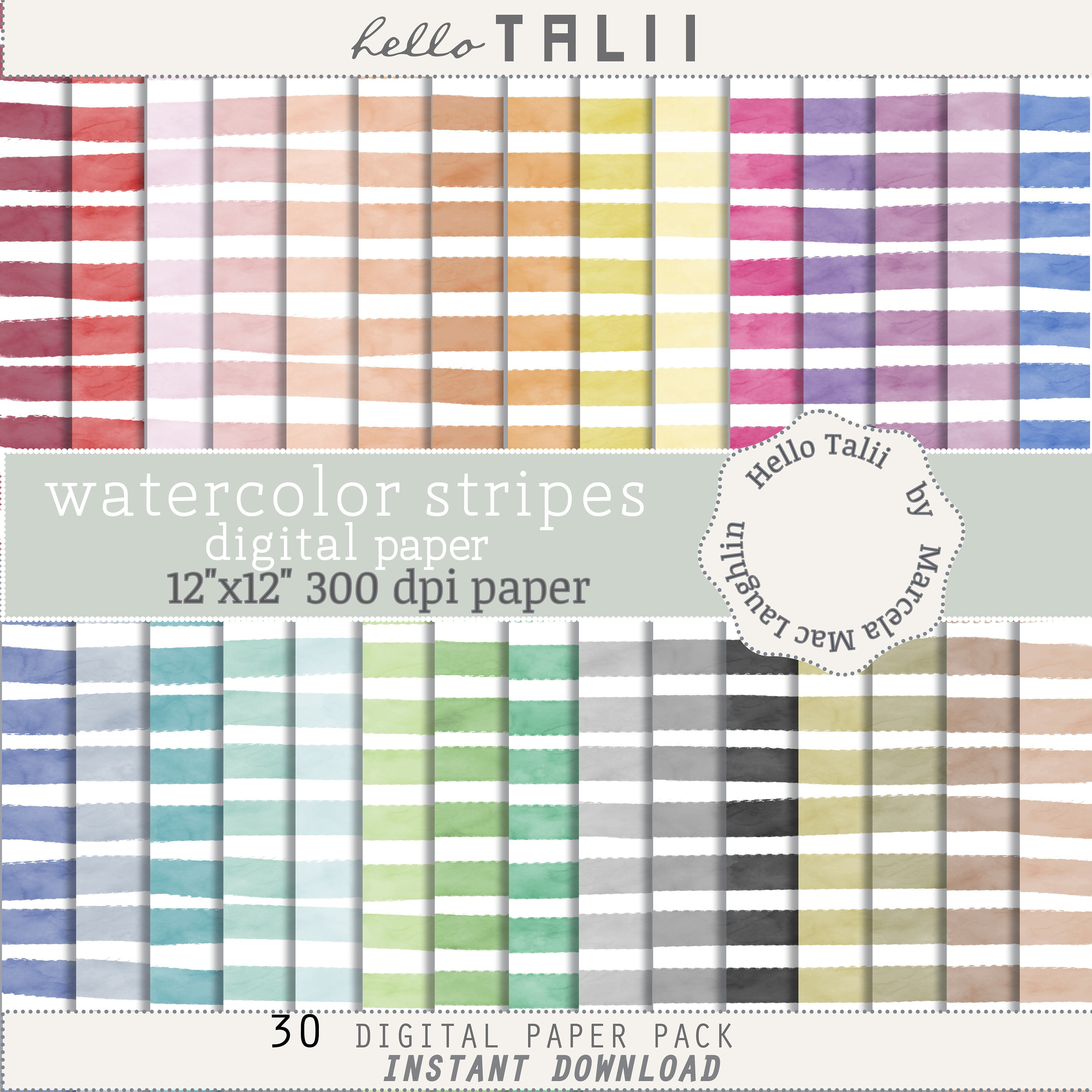 WATERCOLOR STRIPES Digital Paper Stripes Hand Painted in - Etsy