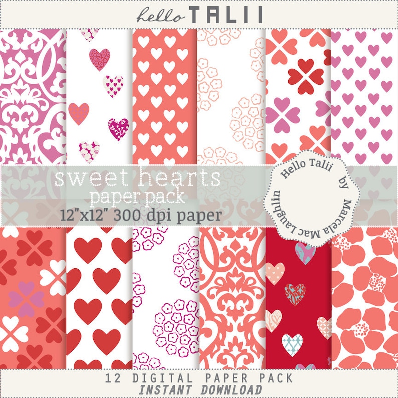 Valentine's Day Digital Paper SWEET HEARTS- Hearts Backgrounds Flowers ...