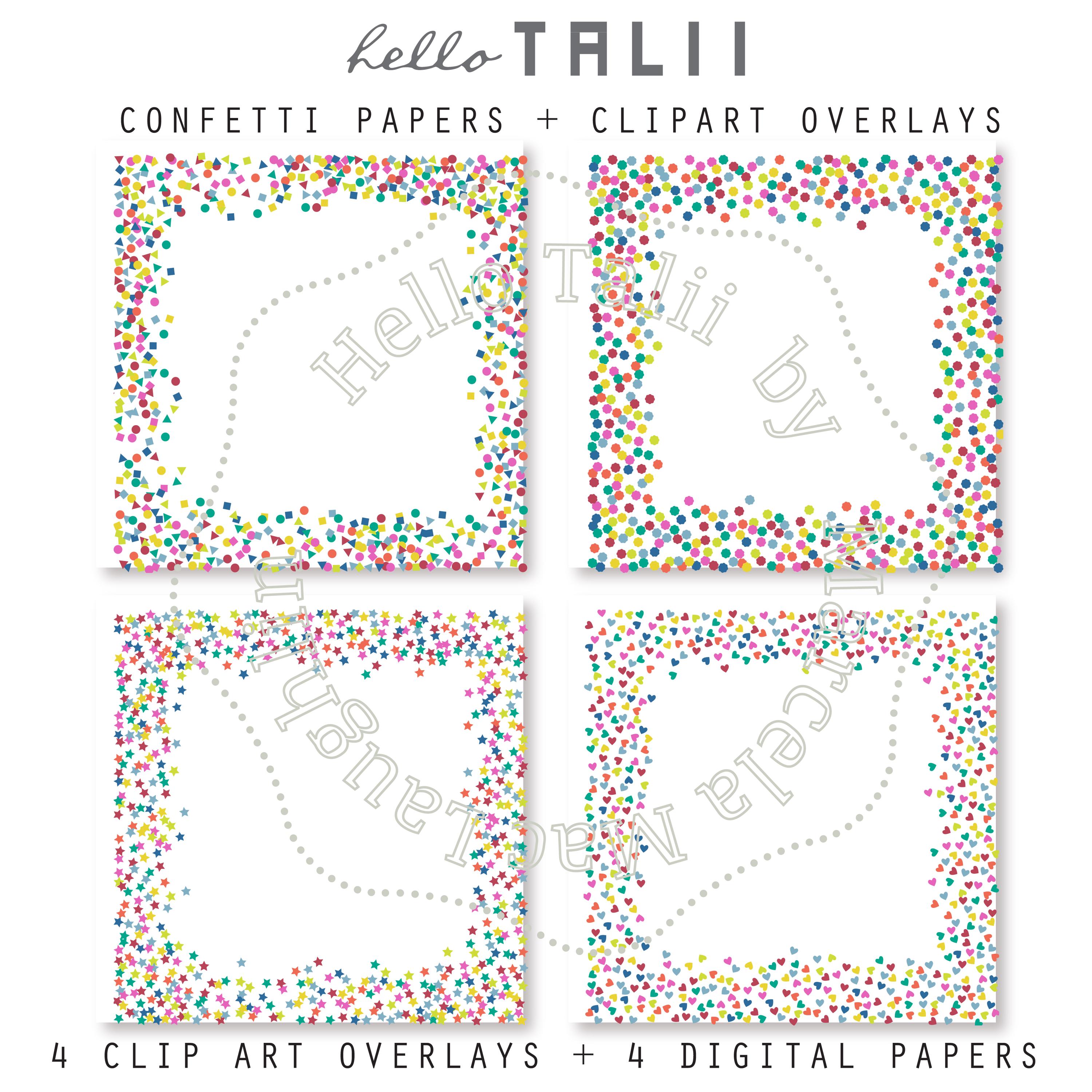 Confetti FRAMES Clipart Overlays + Digital Papers- RAINBOW Hearts Stars ...