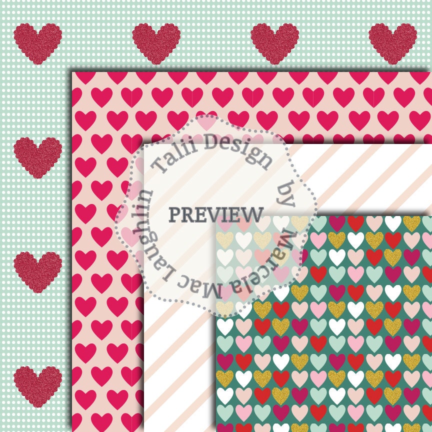 Sweet Valentine DIGITAL PAPER PACK Hearts Stripes and Dots | Etsy