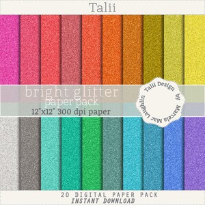 Rainbow Glitter Paper BRIGHT GLITTER- 20 Bright Colors Glitter Digital ...