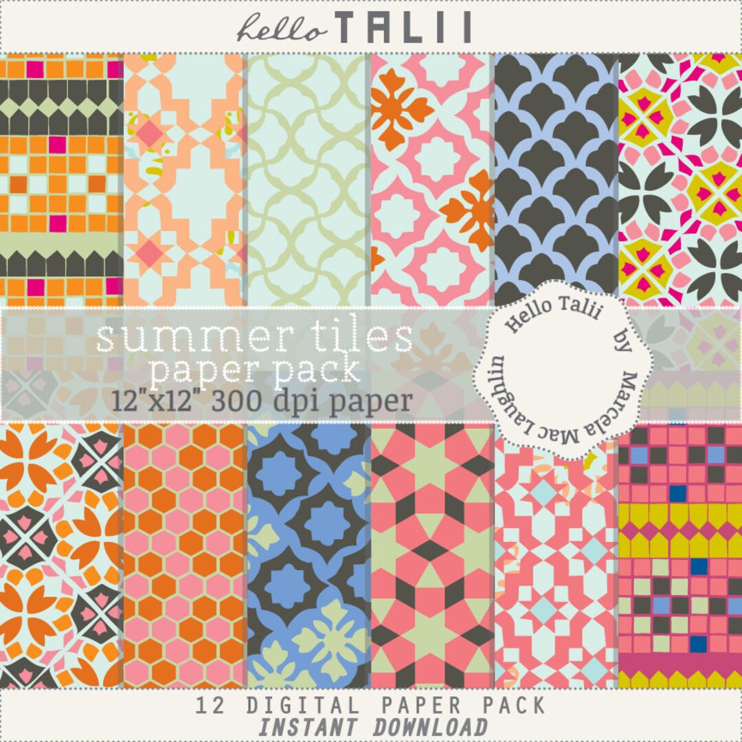 SUMMER TILES Digital Paper- Mosaiques Backgrounds Arabesques Flowers ...