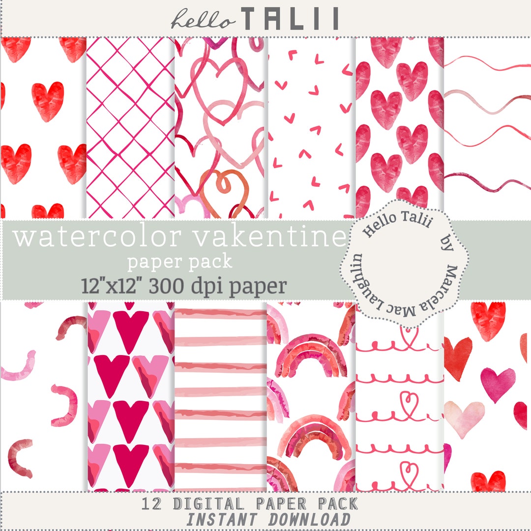 WATERCOLOR VALENTINE Digital Paper- Red Watercolor St Valentine's Day ...