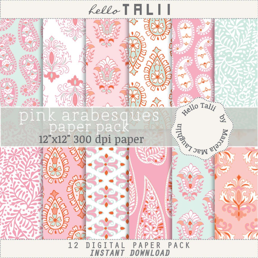 PINK PAISLEY Digital Paper- Pink Arabesques Digital Pink Aqua White ...