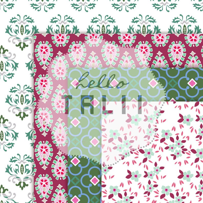 Pink and Mint Digital Paper- Floral and Paisley Patterns- Red Green ...