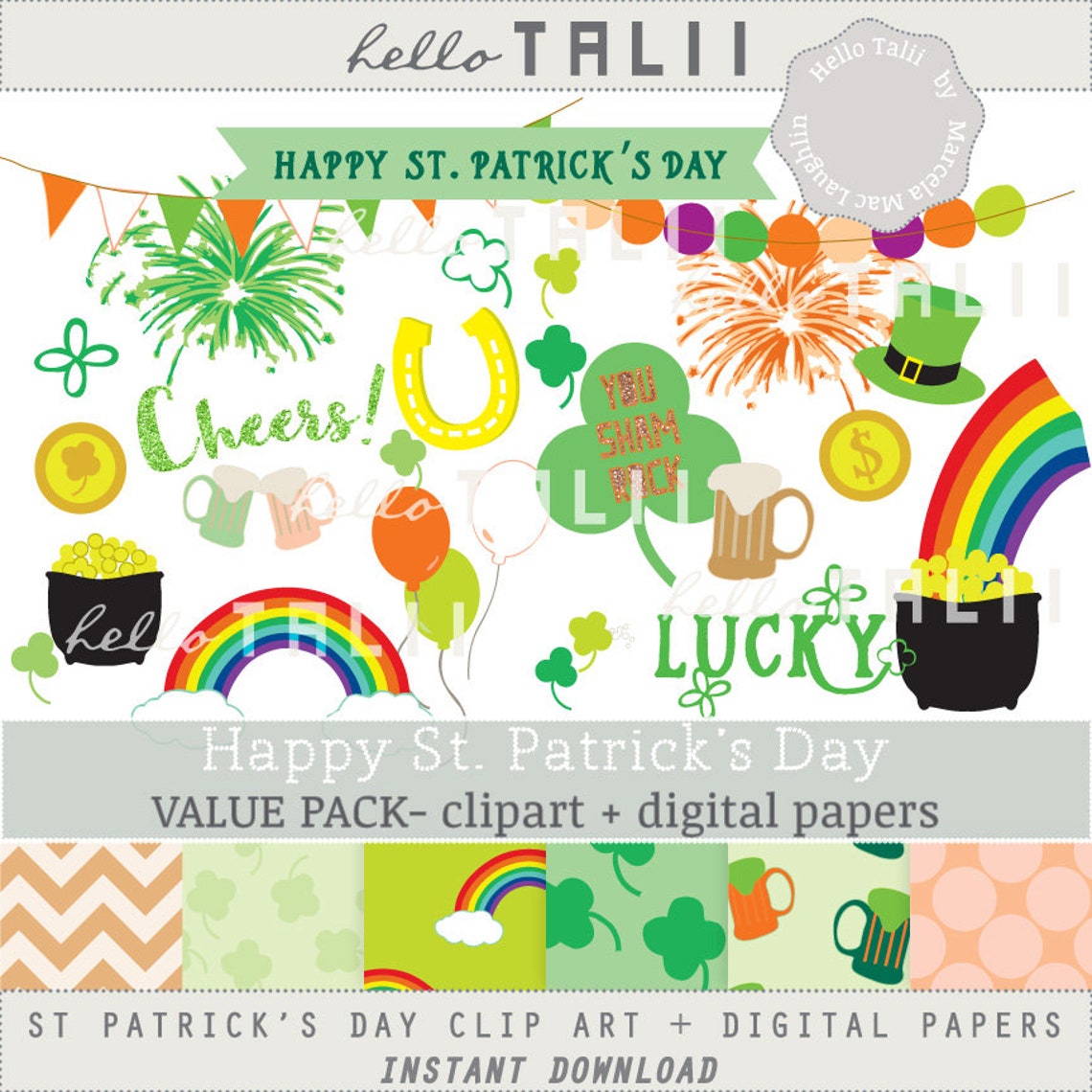 ST PATRICK'S Day BUNDLE Clipart Digital Papers Happy St - Etsy