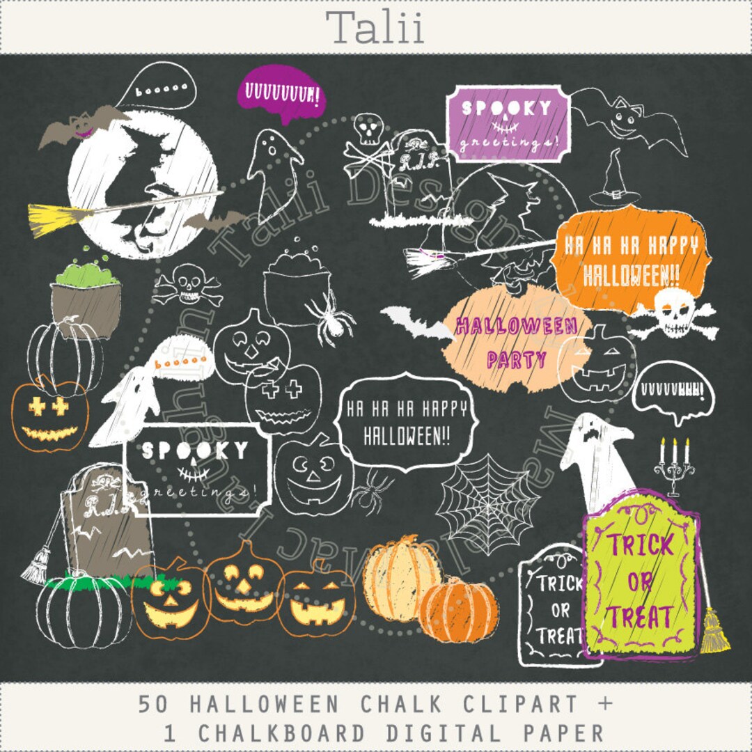 Halloween Clipart- 50 CHALKBOARD HALLOWEEN Clipart Files + 1 Chalkboard ...