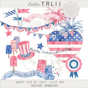 4th of July WATERCOLOR Clipart- Happy Independence Day Patriotic ...