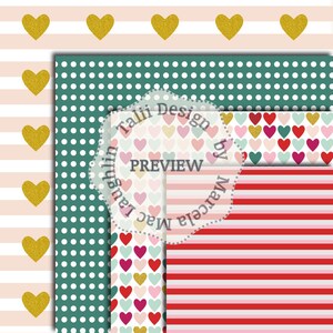 Sweet Valentine DIGITAL PAPER PACK- Hearts Stripes and Dots Backgrounds ...