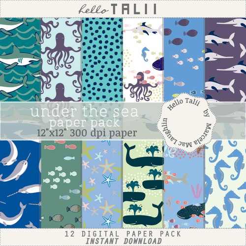 UNDER THE SEA Digital Paper Sea Life Ocean Creatures Shark - Etsy