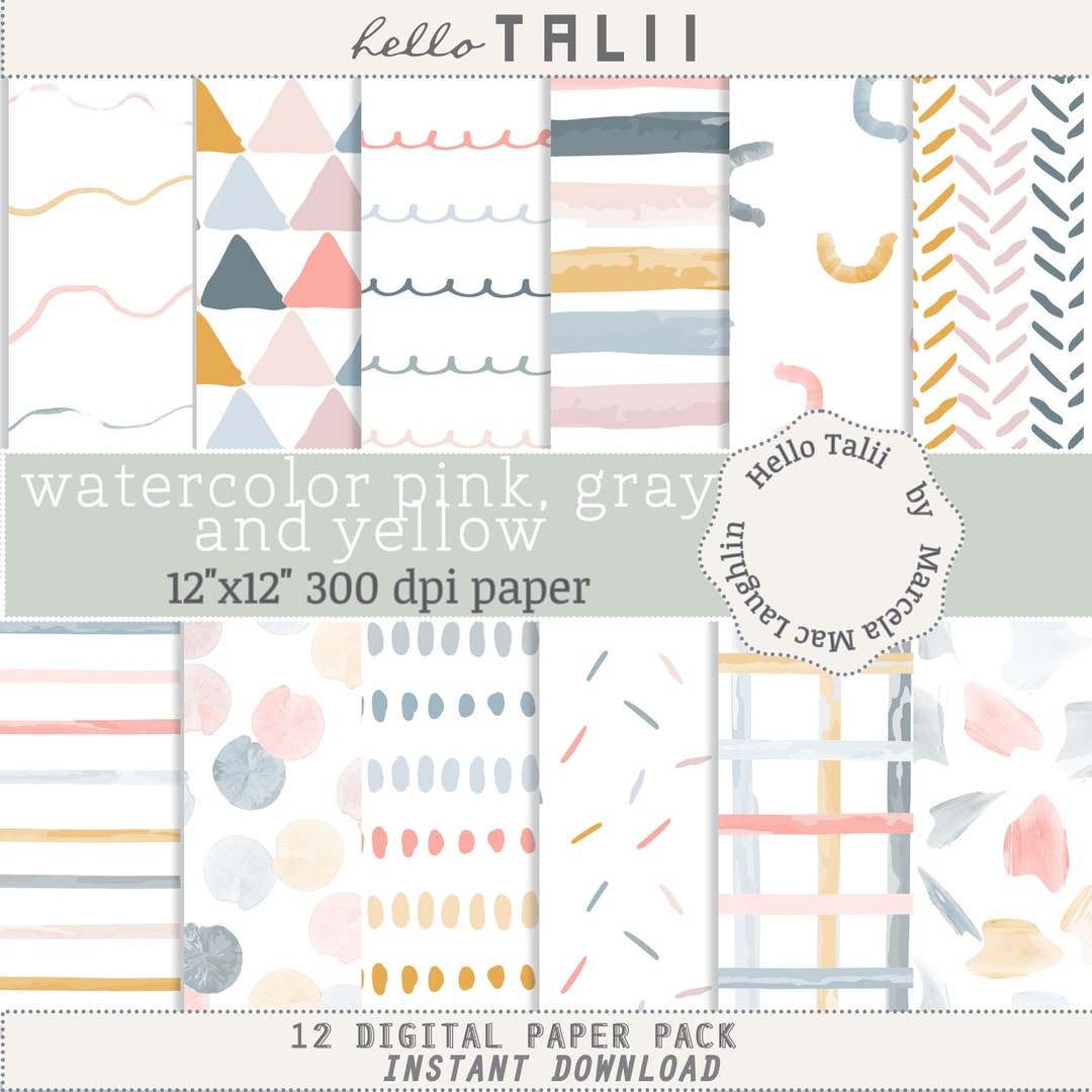 WATERCOLOR PINK Gray and Yellow Digital Paper- Pastel Colors Stripes ...