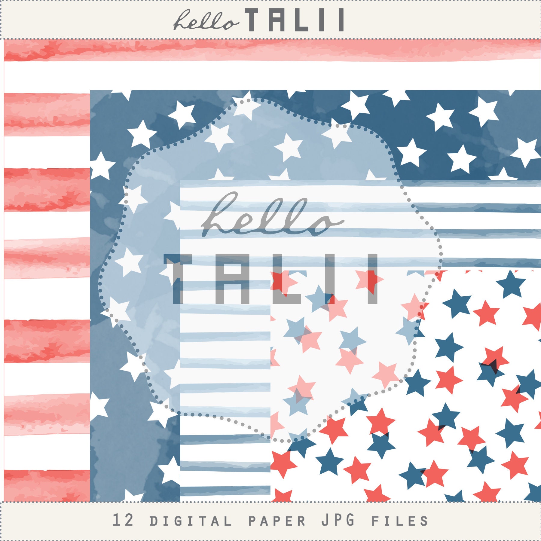 WATERCOLOR 4th of July Digital Paper- 14 Watercolor Red White and Blue ...