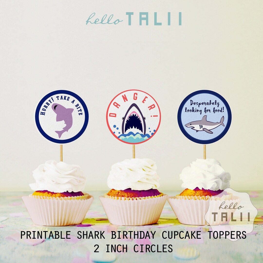 SHARKS Cupcake Toppers Printable Shark Birthday Party Decor 2 Inch ...