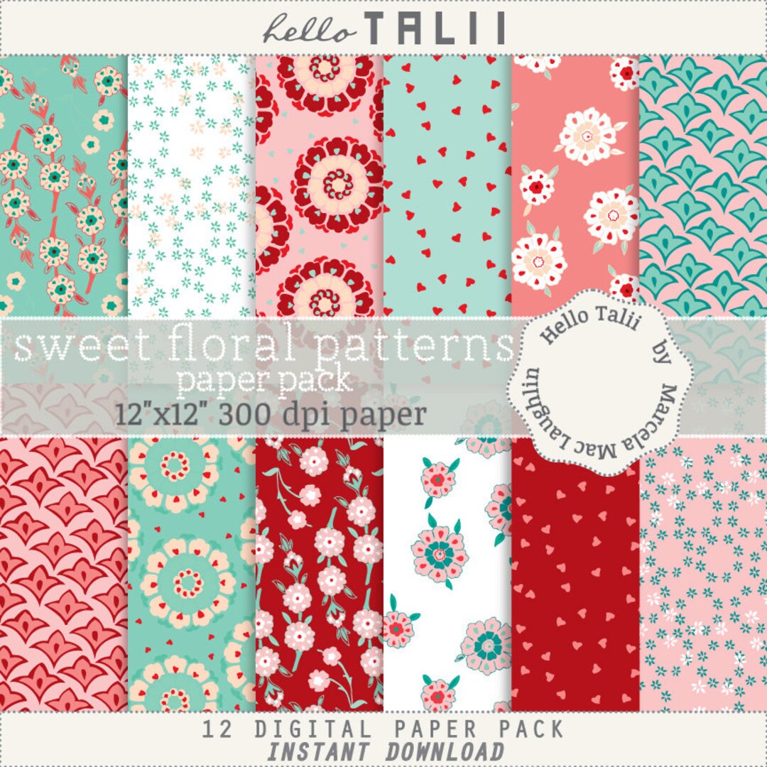 Pink Flowers Digital Paper SWEET FLORALS Floral Backgrounds Hearts ...