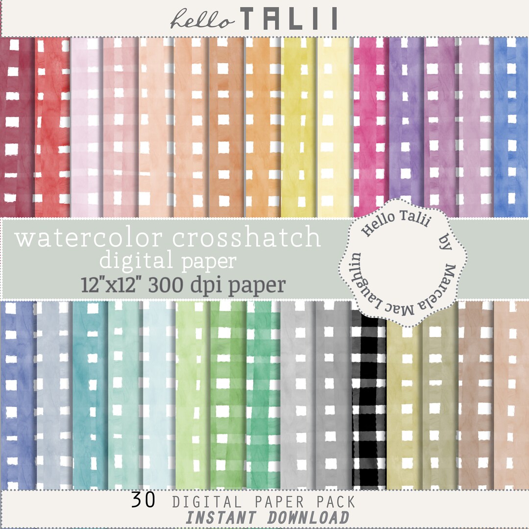 WATERCOLOR CROSSHATCH Digital Paper- Multicolor Gingham Hand Painted in ...