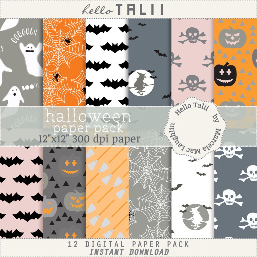 Halloween Digital Paper- HALLOWEEN Decor Paper Pumpkins Skulls Witch ...