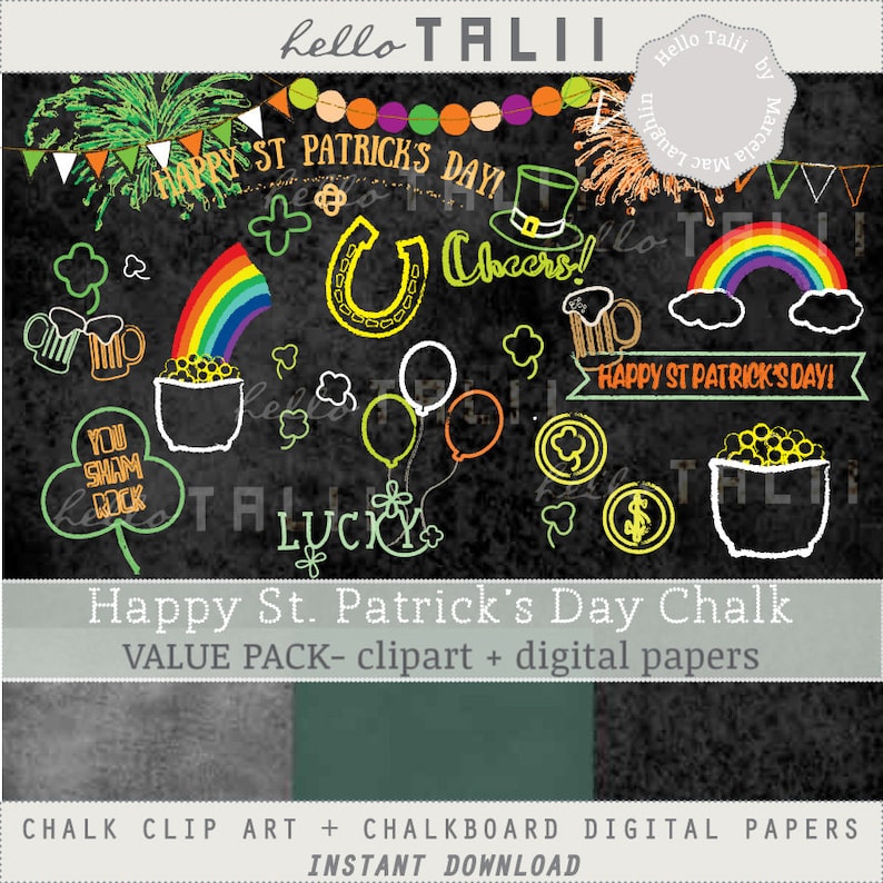 St Patricks Day Chalkboard Clip Art- 30 Happy St Patrick's Chalk ...