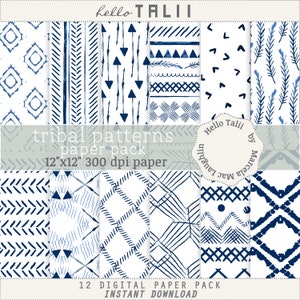WHITE and BLUE Watercolor TRIBAL Digital Paper- Blue Aztec Watercolor ...