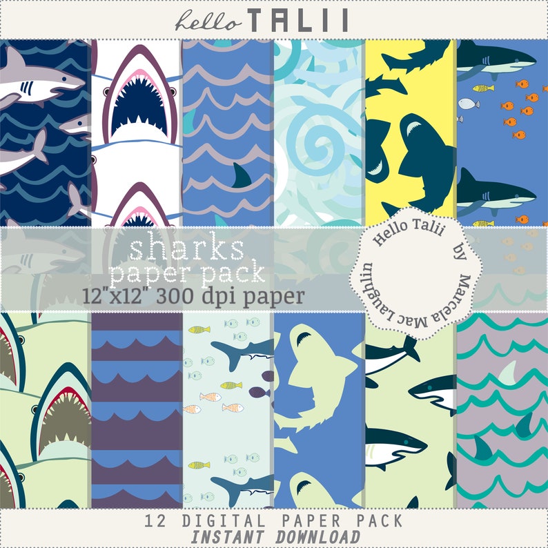 SHARKS Digital Paper Shark Attack Backgrounds Boys Patterns - Etsy
