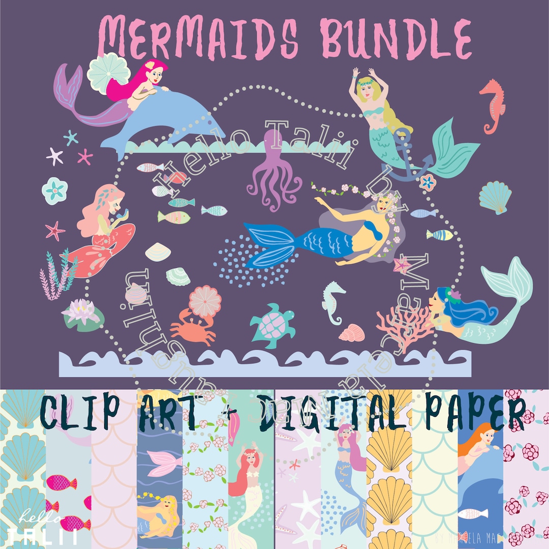 MERMAIDS BUNDLE Clip Art Digital Paper Graphics Little Mermaid ...