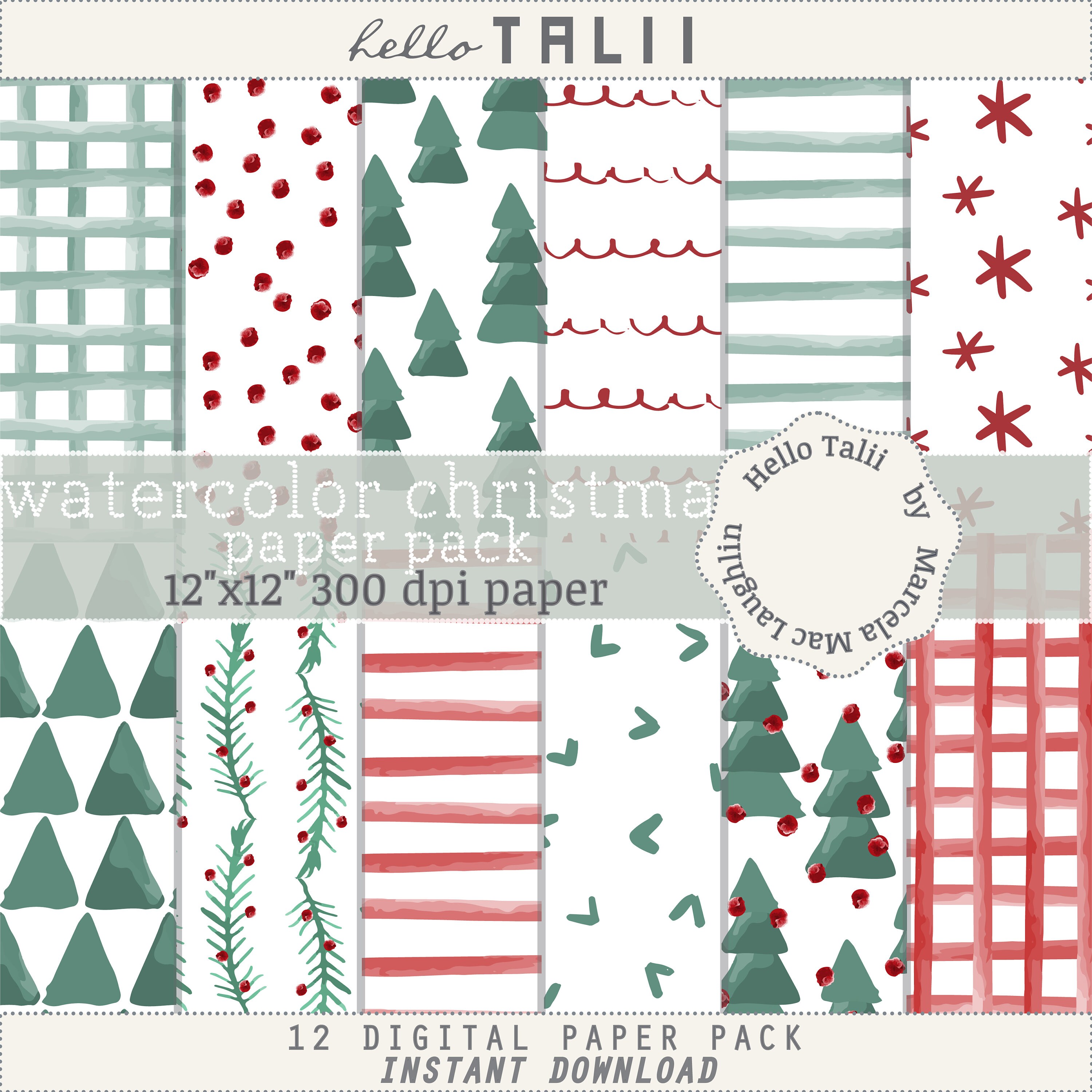 Christmas WATERCOLOR Digital Paper Red Green White Watercolor - Etsy