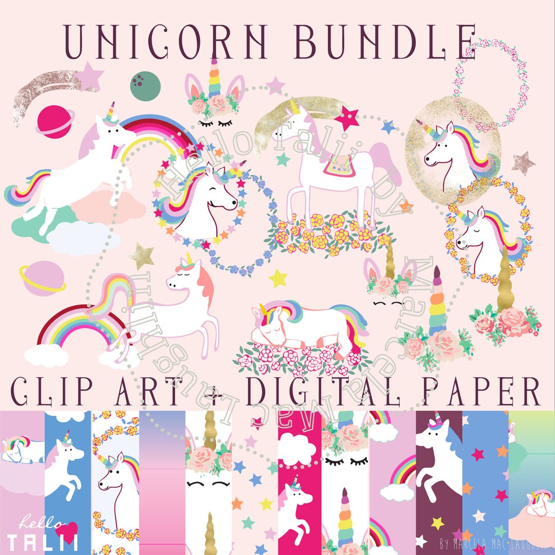UNICORNS BUNDLE Clip Art Digital Paper Unicorn Birthday - Etsy