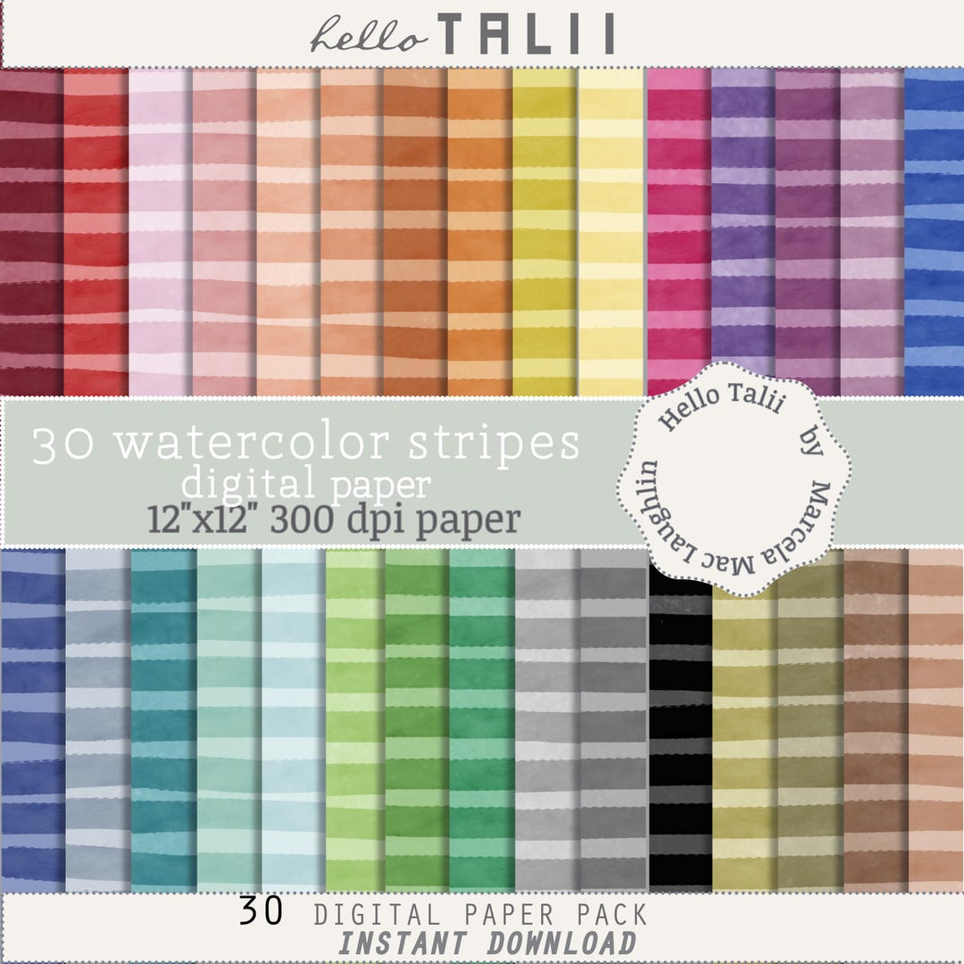 Digital Paper WATERCOLOR STRIPES in COLORED Background- Hand Painted ...