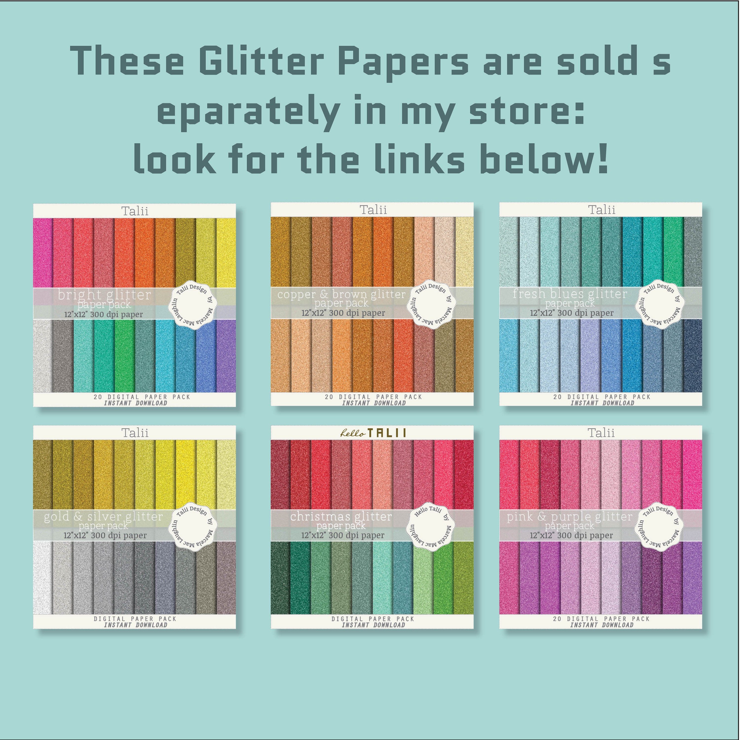 GLITTER PAPER BUNDLE- 120 Digital Glitter Papers Multicolor Sparkles ...