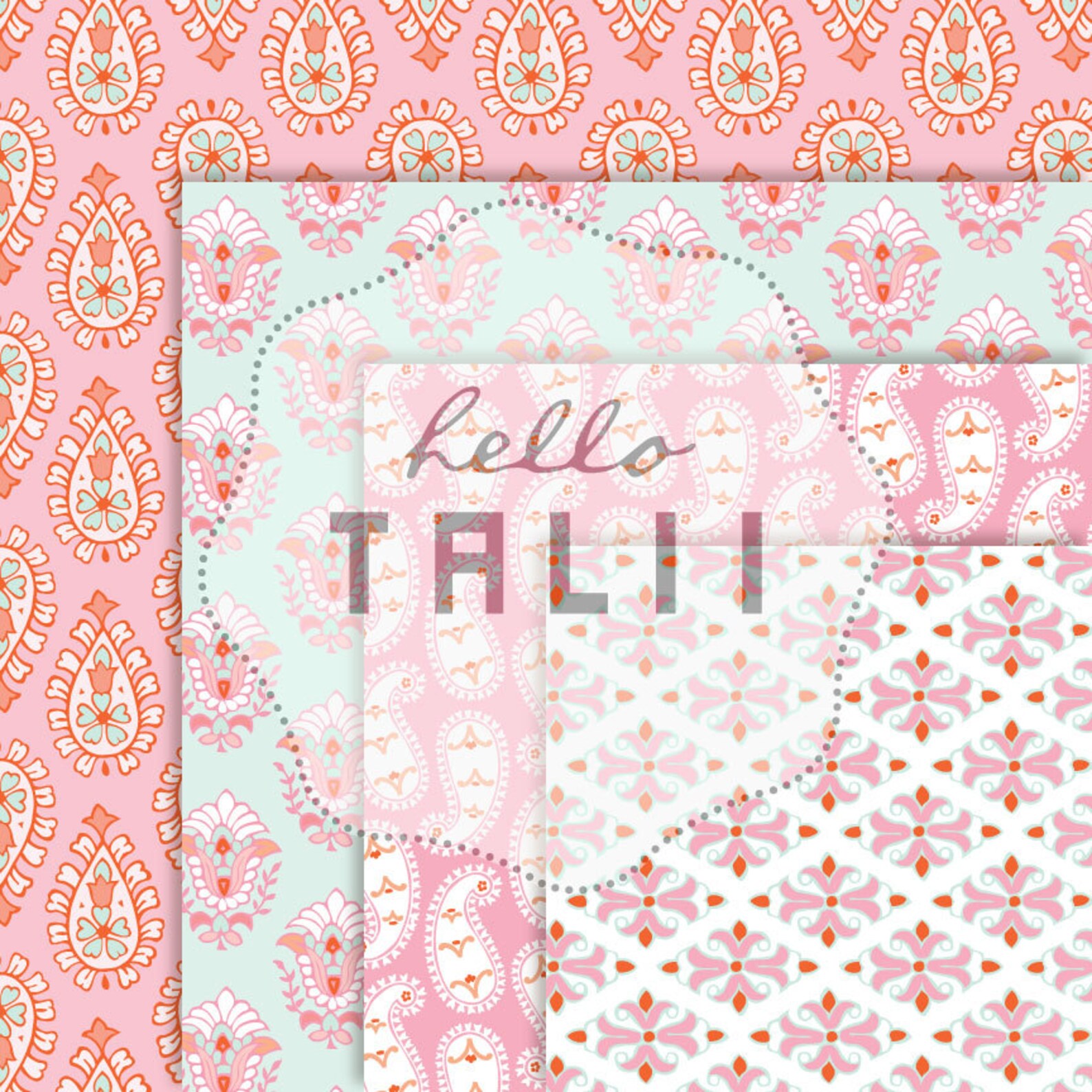 PINK PAISLEY Digital Paper- Pink Arabesques Digital Pink Aqua White ...