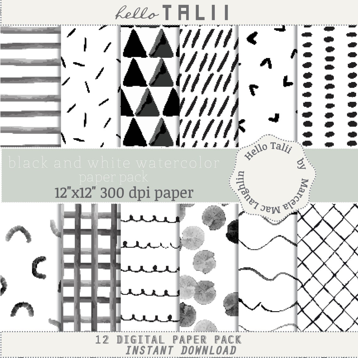 WATERCOLOR BLACK and WHITE Digital Paper Handpainted Doodles - Etsy
