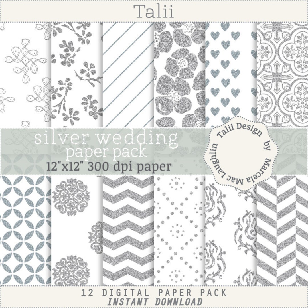 Silver Digital Paper WHITE and SILVER WEDDING Paper Silver Glitter Grey ...