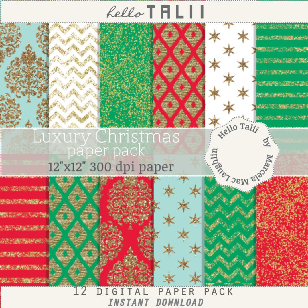 Christmas Digital Paper LUXURY CHRISTMAS- Red Gold Green Mint ...