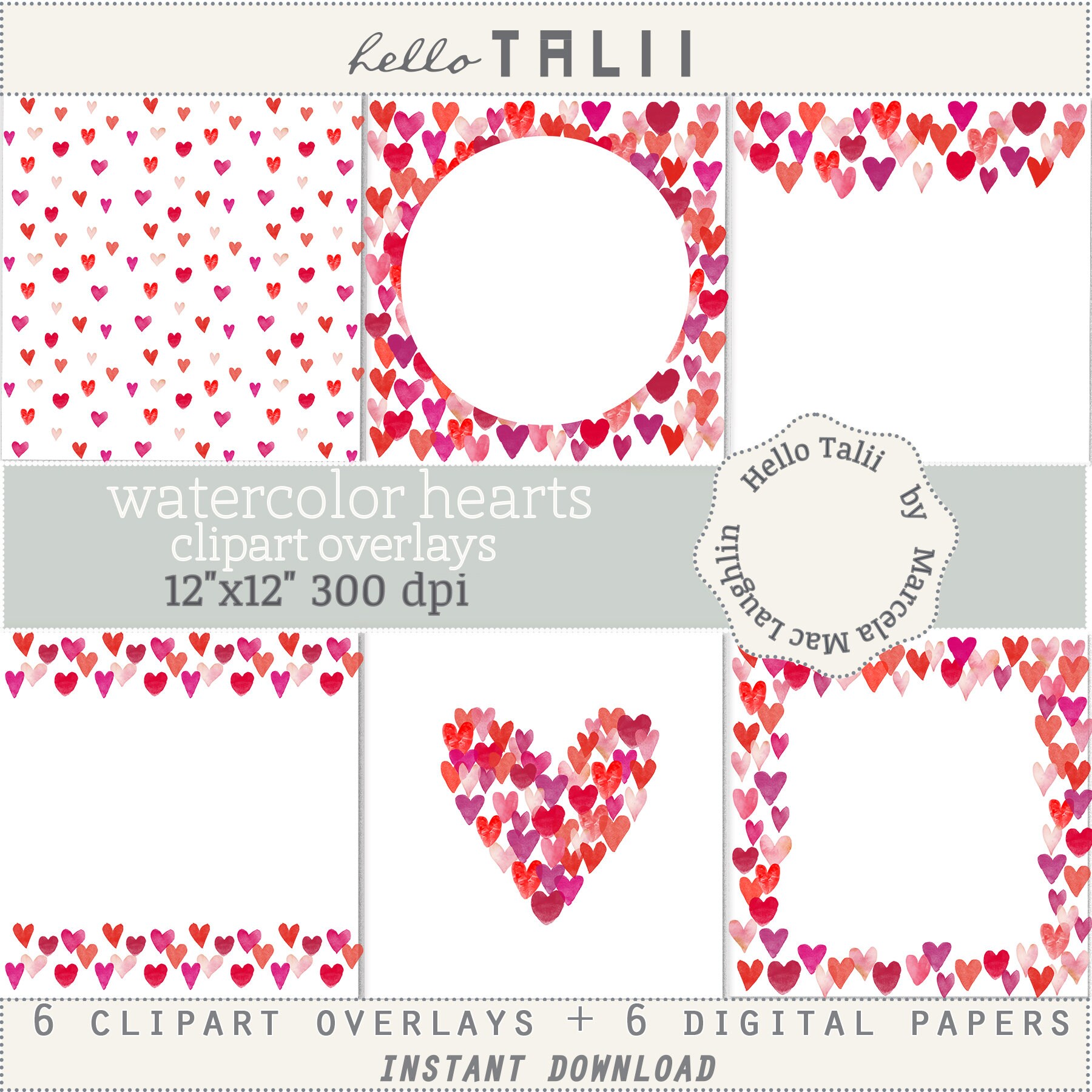 WATERCOLOR HEARTS Clipart Overlays + Digital Papers- Valentine's Day ...