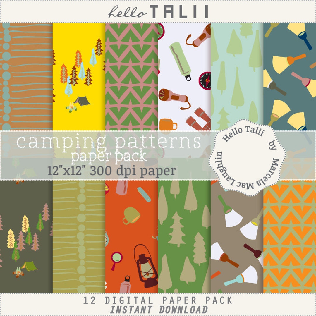 Camping Digital Paper HAPPY CAMPER PAPER- Summer Camp Digital ...