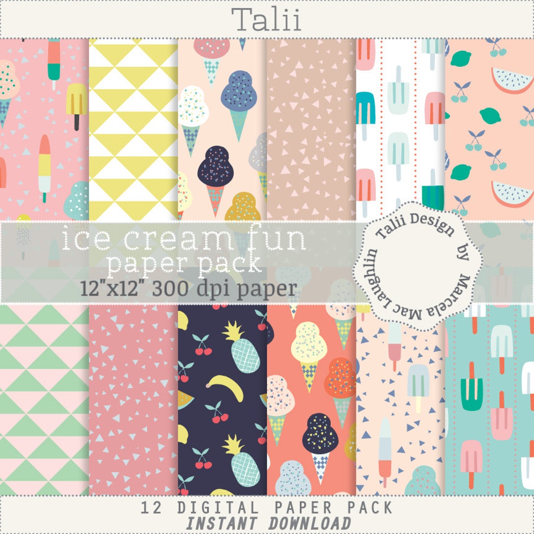 Ice Cream Digital Paper ICE CREAM FUN- Colorful Ice Cream Cones Ice ...