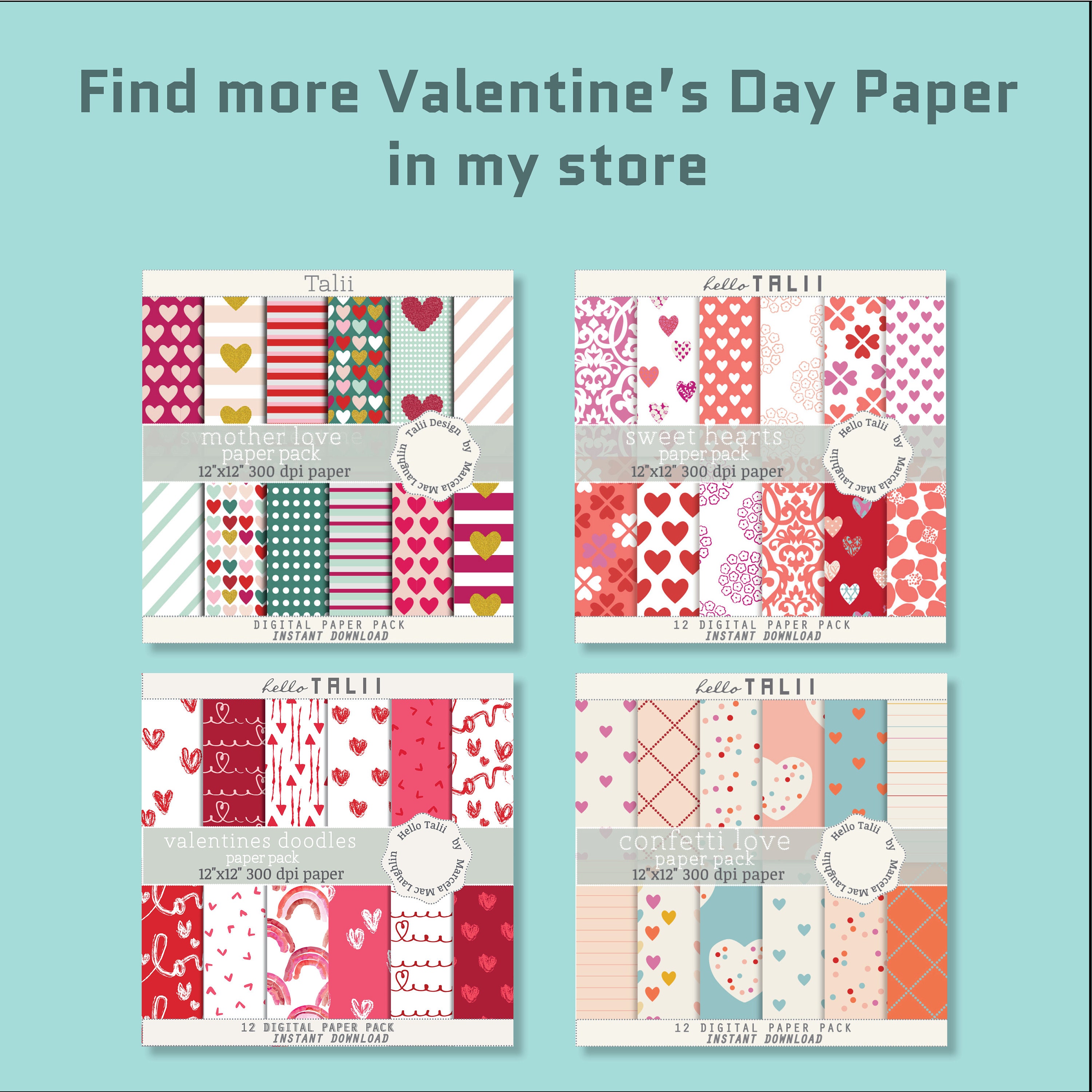 Sweet Valentine DIGITAL PAPER PACK Hearts Stripes and Dots | Etsy
