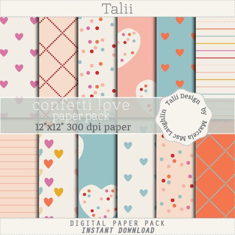 Hearts Digital Paper CONFETTI LOVE Pastel Colors Backgrounds | Etsy