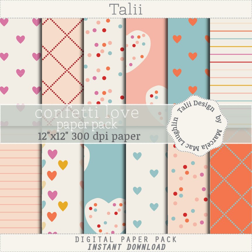Hearts Digital Paper CONFETTI LOVE Pastel colors backgrounds | Etsy