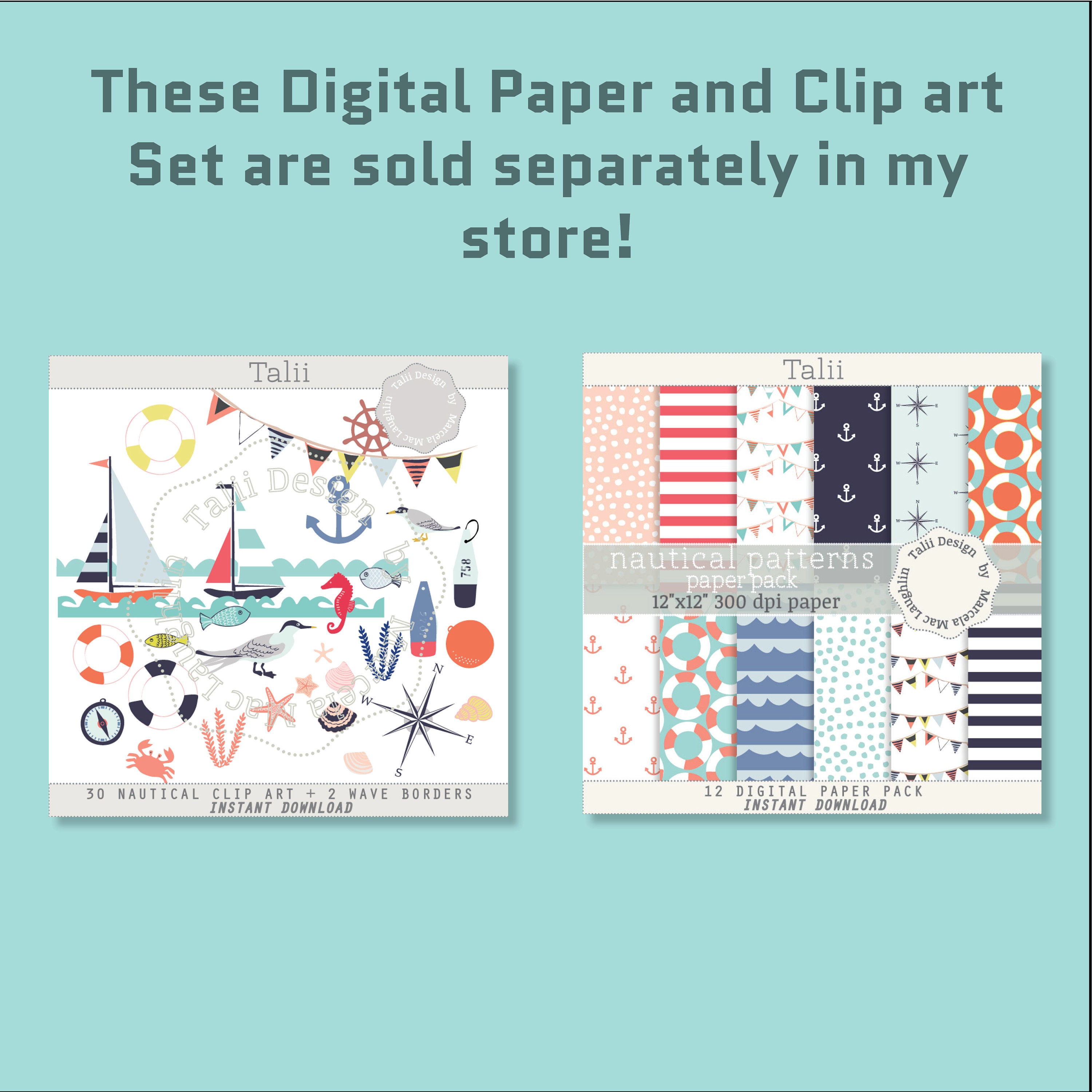 Nautical BUNDLE Clip Art Digital Paper Summer Graphics Navy | Etsy