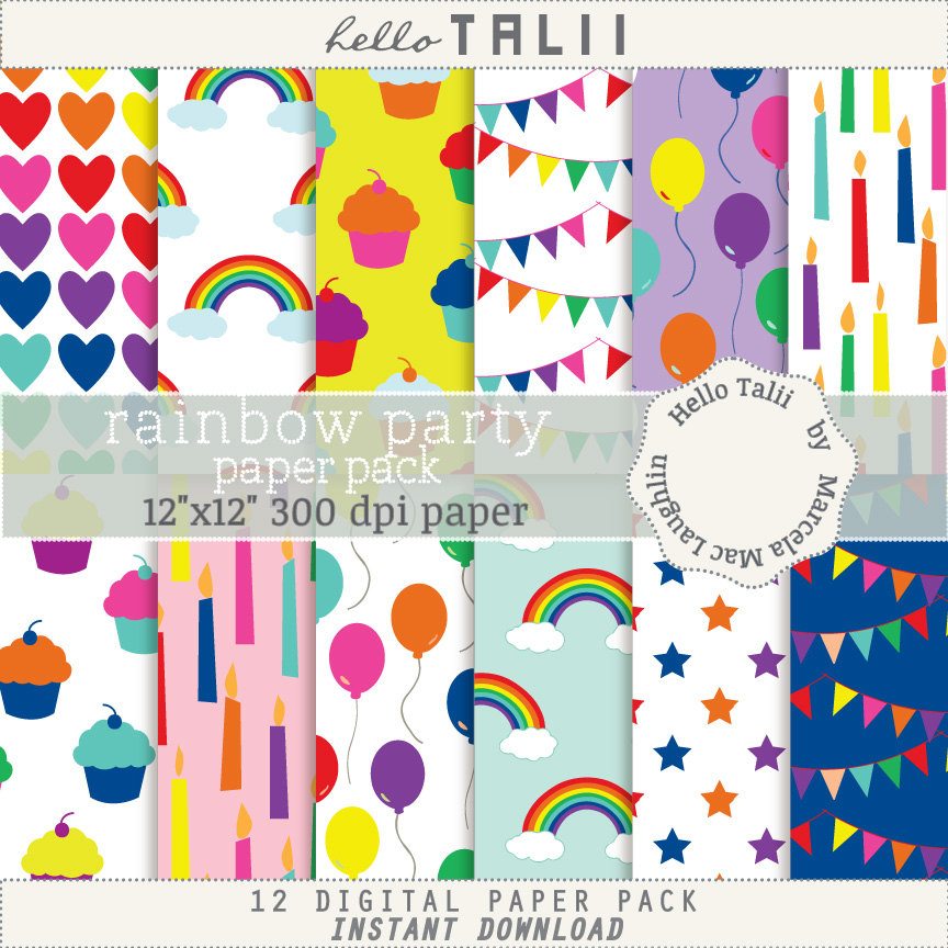 Rainbow Digital Paper RAINBOW PARTY- Rainbow Birthday Party Paper ...