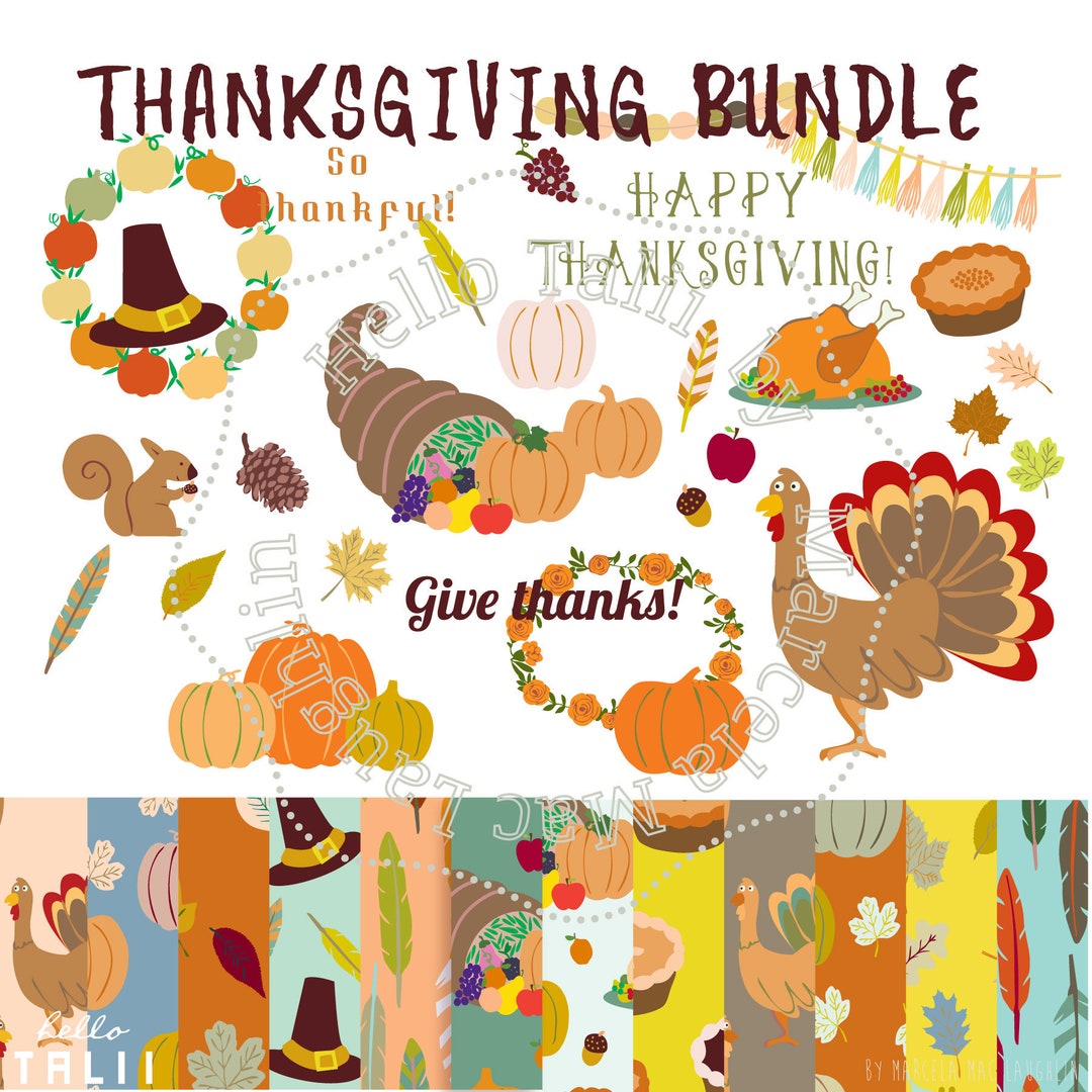 THANKSGIVING BUNDLE Clip Art + Digital Paper- Happy Thanksgiving ...