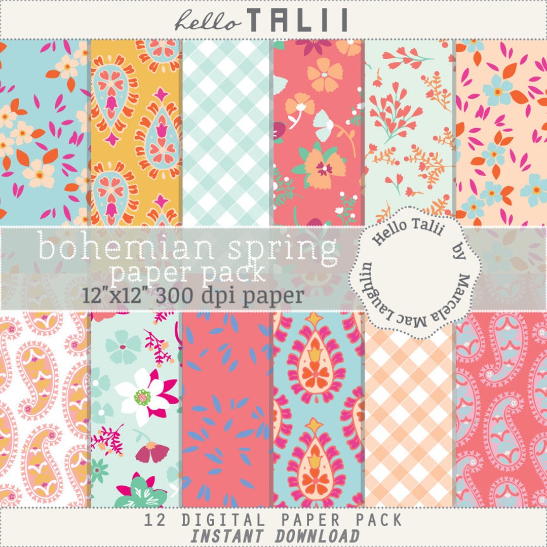 BOHO SPRING Digital Paper- Flowers and Paisley Backgrounds Bohemian ...