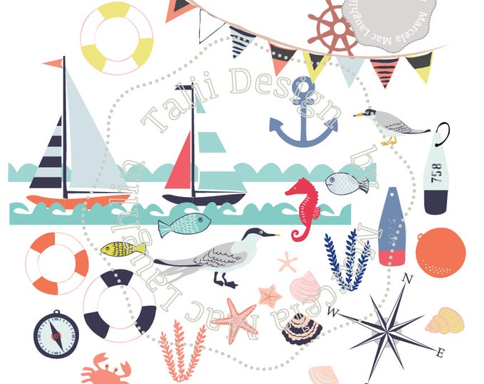 Nautical CLIP ART- 30 Clipart Files + 2 Wave Borders Sailing Ships ...