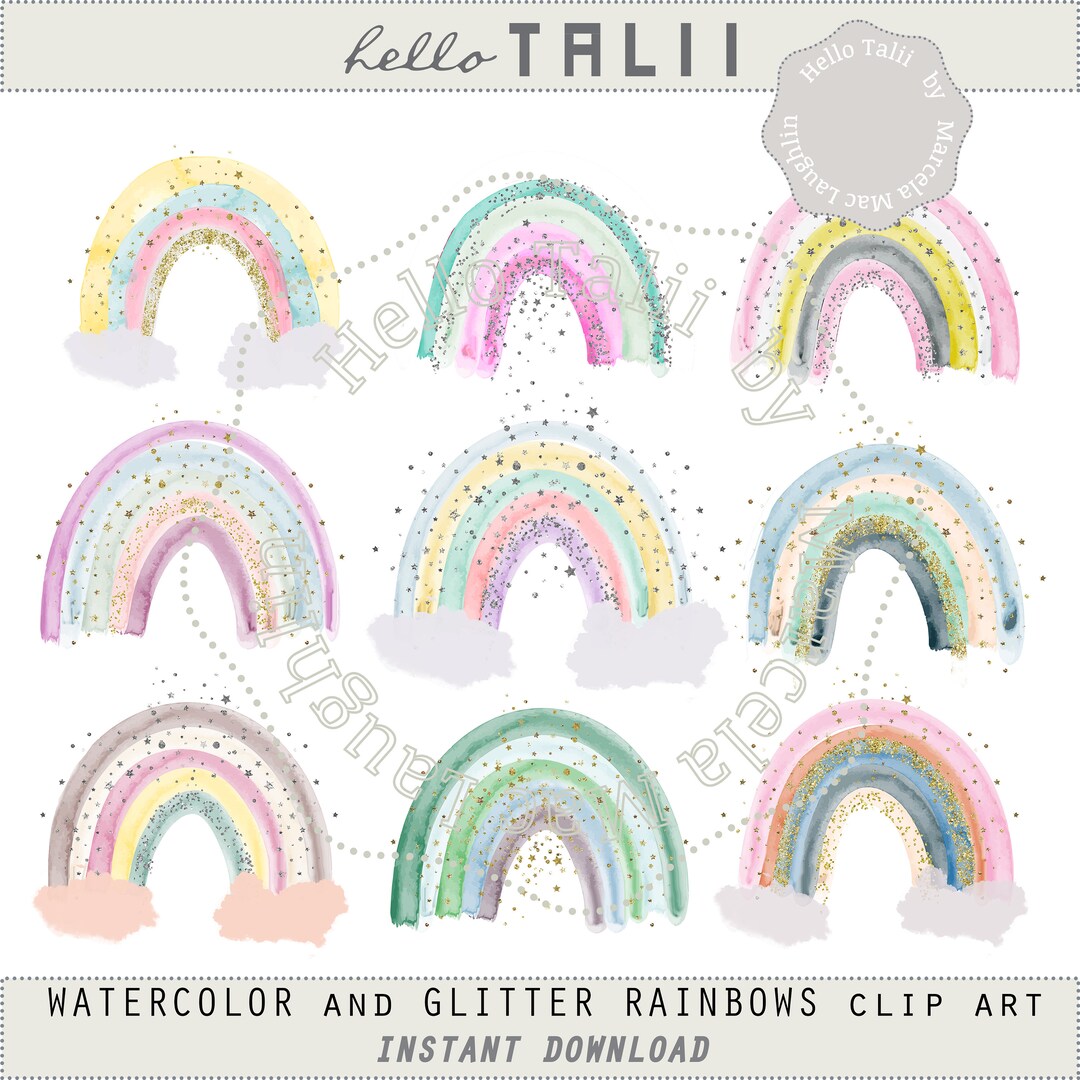 WATERCOLOR RAINBOW With GLITTER Clipart- 9 Handpainted Rainbows in ...