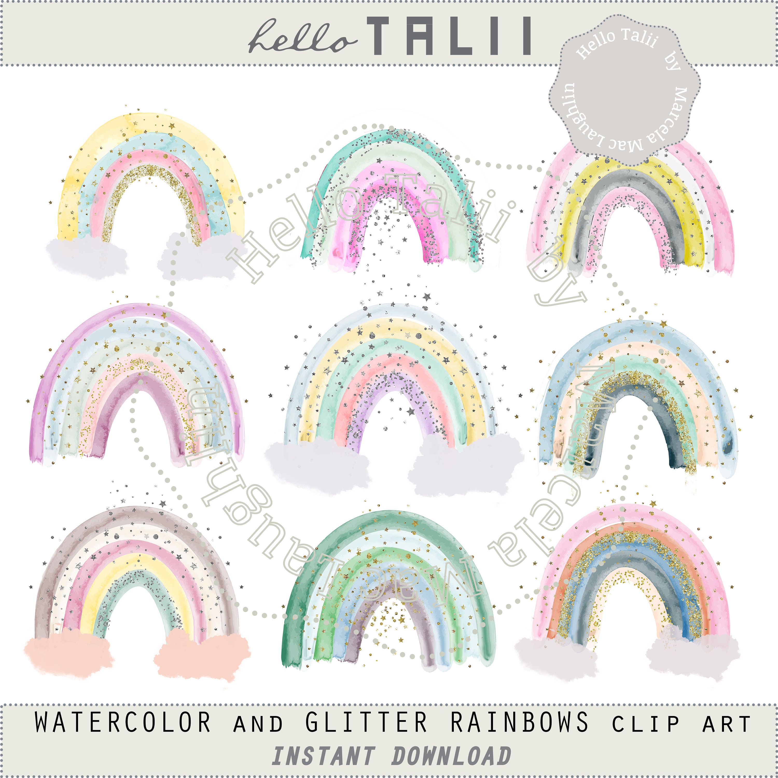 WATERCOLOR RAINBOW With GLITTER Clipart 9 Handpainted - Etsy