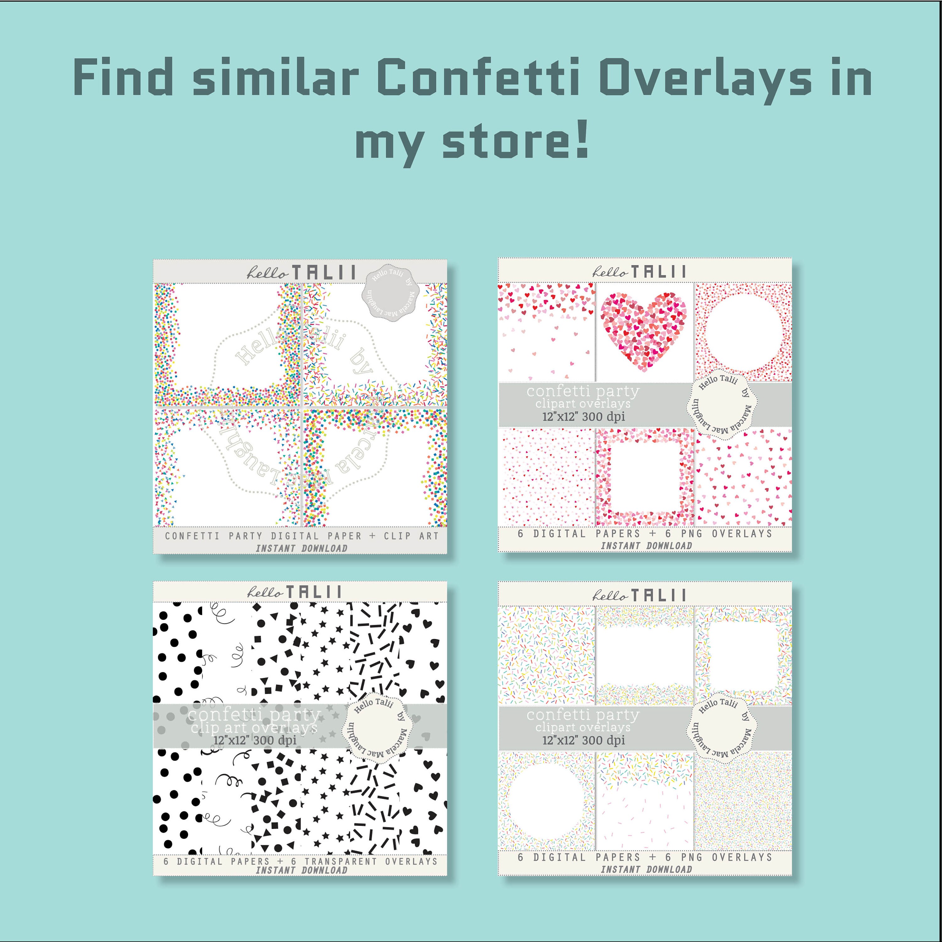 Confetti FRAMES Clipart Overlays + Digital Papers- RAINBOW Hearts Stars ...